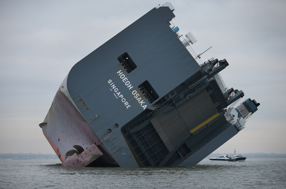 Crew Rescued From Listing Car Carrier Ship Hoegh Osaka Tilting 45