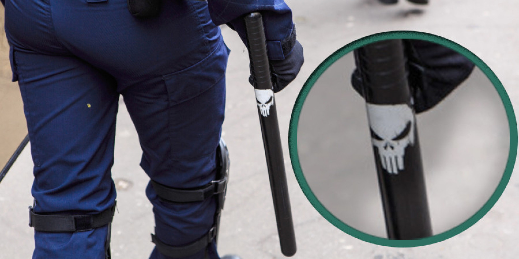 Une tête de mort emblème du "Punisher" sur la matraque d'un policier ...